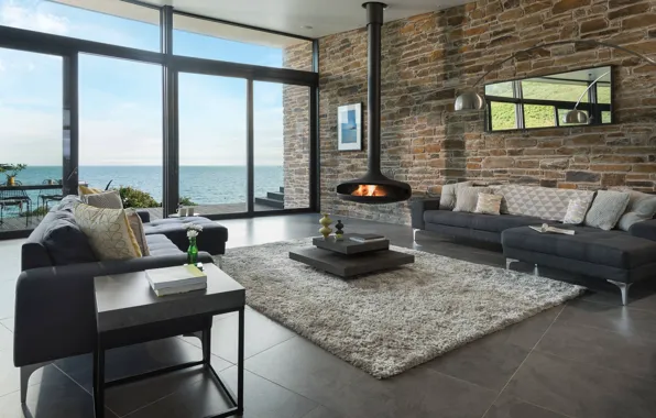 Download wallpaper interior, fireplace, terrace, living room, Modern ...