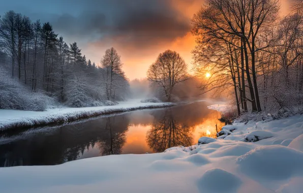 Wallpaper winter, sunset, river for mobile and desktop, section ии арт ...