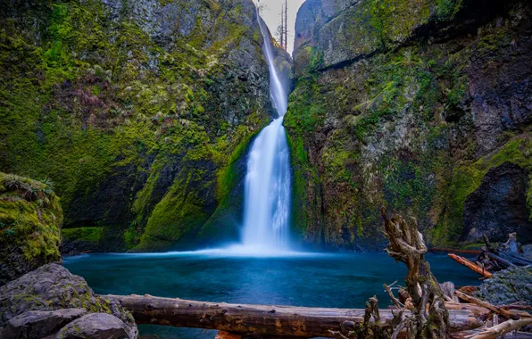 Wallpaper mountains, rocks, shore, waterfall, log, pond for mobile and ...