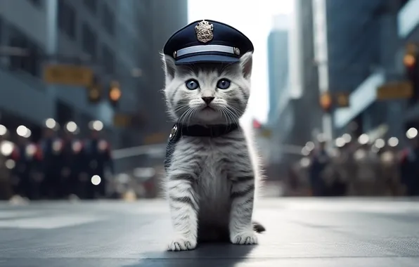 Wallpaper road, cat, kitty, street, cap, digital art, policeman, AI art ...