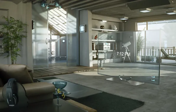 Download wallpaper glass, room, glass, room, section rendering in resolution 2400x1200