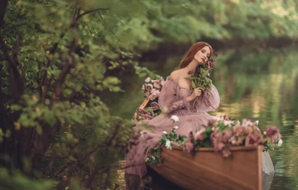 Download Wallpaper Chest Look Girl Flowers Branches Nature Face