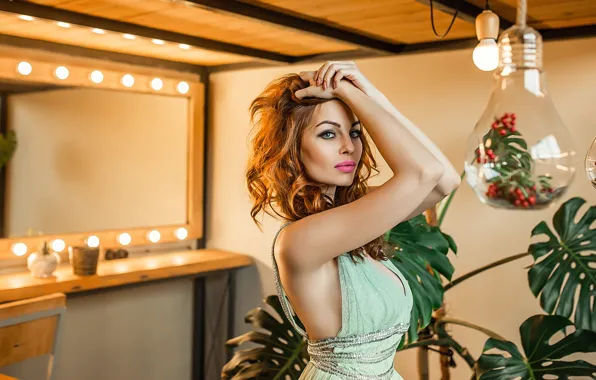 Download Wallpaper Style Model Redhead Pose Green Dress A Diakov