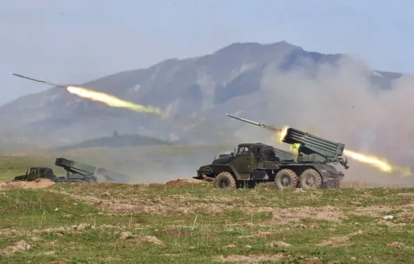 Wallpaper Grad, BM-21, volley fire, BM-21, the jet system for mobile ...