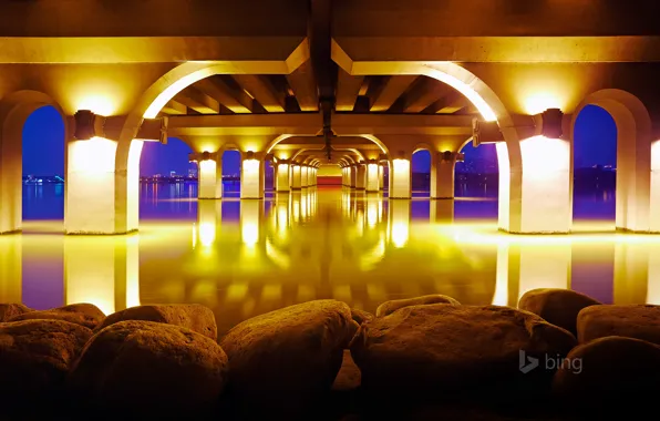 Wallpaper night, lights, river, support, China, the Lihu bridge, Wuxi ...