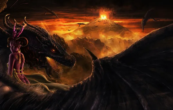 Wallpaper look, girl, sunset, dragons, the volcano, creatures, horns ...