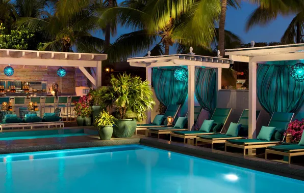Wallpaper palm trees, the evening, bar, pool, resort, terrace, Key West ...