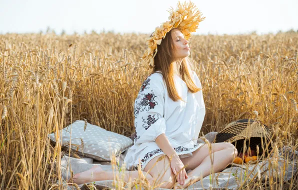 Wallpaper long hair, field, nature, brunette, countryside, maiden ...