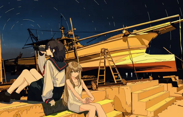 Wallpaper night, boat, girl for mobile and desktop, section арт ...