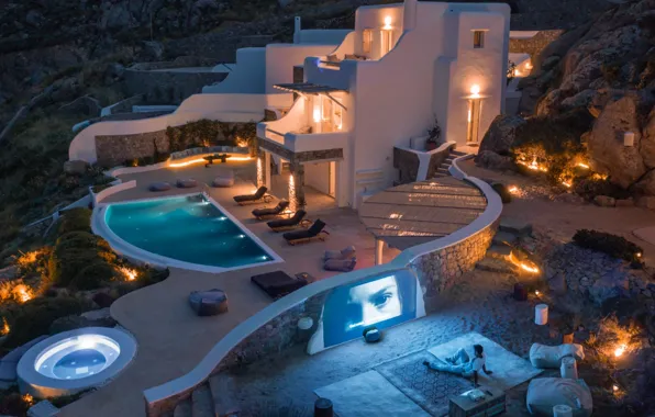 Download wallpaper Villa, the evening, pool, Greece, lighting ...