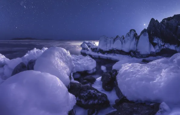 Wallpaper winter, sea, snow, landscape, night, nature, rocks, ice for ...
