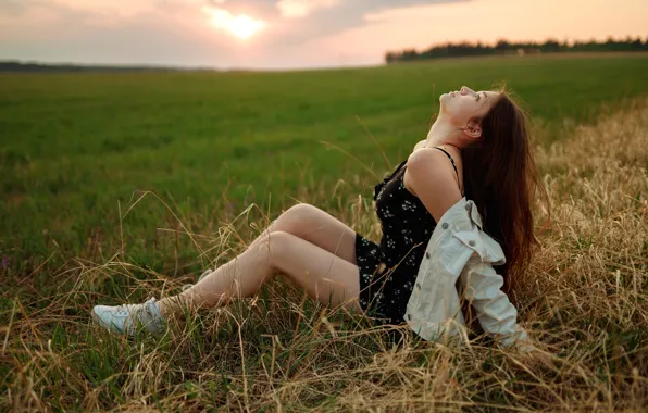 Wallpaper grass, sky, dress, field, nature, sunset, clouds, model for ... Wallpaper grass, sky, dress, field, nature, sunset, clouds, model for ...