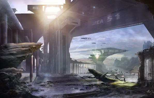 Wallpaper the sky, mountains, birds, people, ruins, Area 51, Early dawn ...