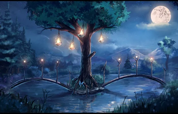 Download wallpaper water, night, lights, tree, the moon, art, the ...