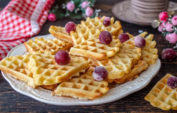 Wallpaper cherry, dessert, waffles for mobile and desktop, section еда ...
