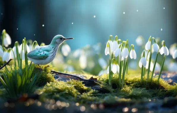 Wallpaper flowers, nature, bird, glade, spring, snowdrops, white ...