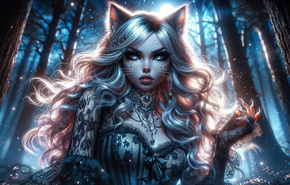 Wallpaper forest, cat, girl for mobile and desktop, section ии арт ...