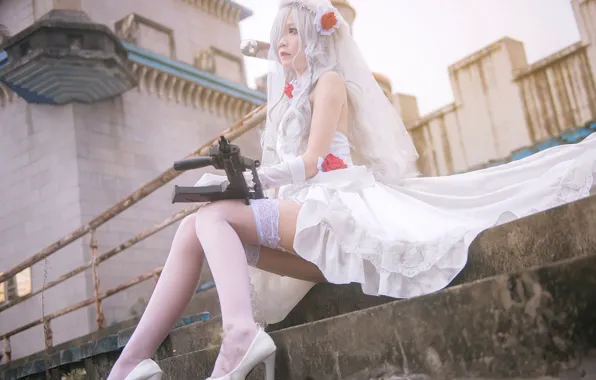 Wallpaper Gun, Asian, Model, pretty, Woman, Cosplay, Bride, Stairs for ...
