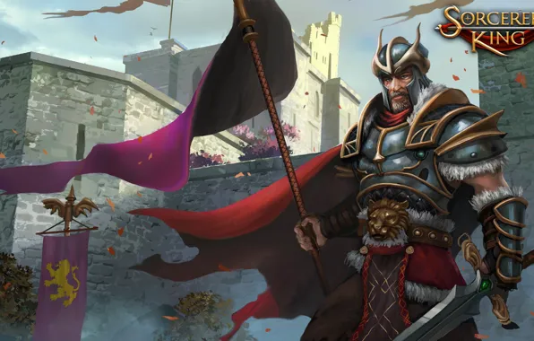 Download wallpaper wall, sword, flag, warrior, Sorcerer King, section ...