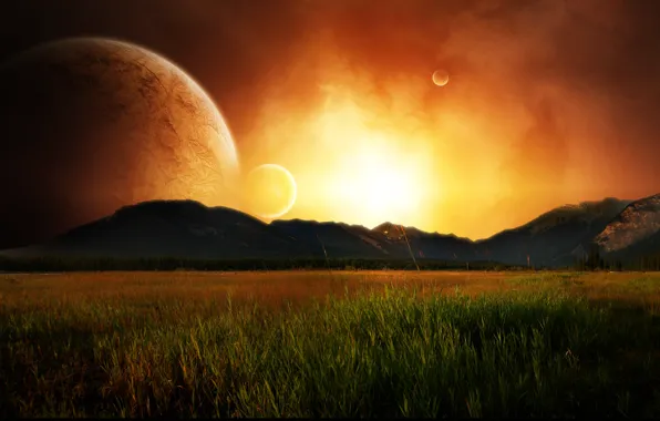 Wallpaper the sky, grass, the sun, mountains, the moon images for ...
