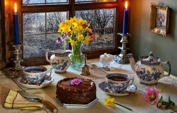 Wallpaper flowers, table, tea, picture, candles, kettle, window, the ...