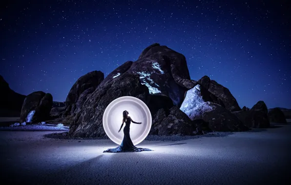 Wallpaper the sky, girl, stars, light, landscape, mountains, night ...