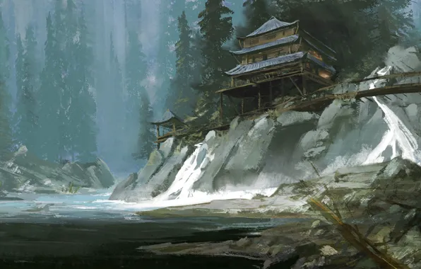 Wallpaper Figure, River, House, Painting, Art, Illustration, Jinheng LI ...