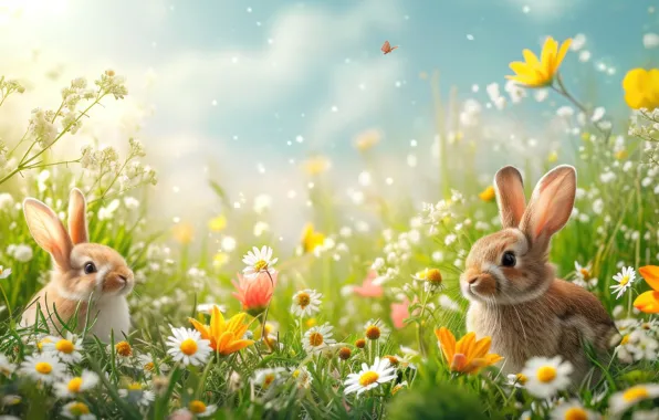 Wallpaper summer, flowers, nature, rabbit, Bunny, AI art, neural ...