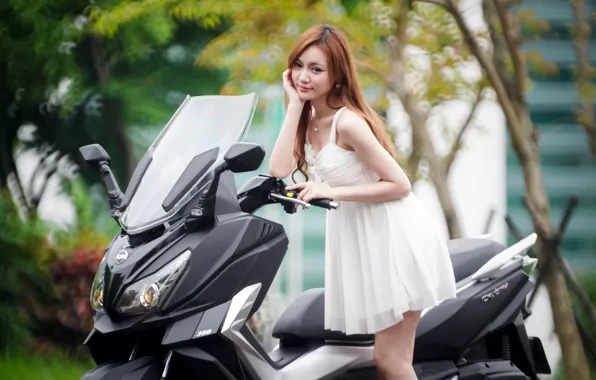 Download wallpaper look, girl, Asian, beautiful girl, scooter, SYM CRUiSYM 300i, posing on ...