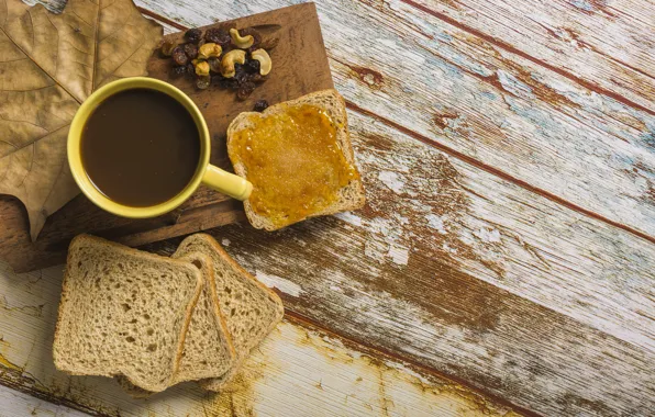 Wallpaper autumn, leaves, background, tree, coffee, bread, Cup, wood ...