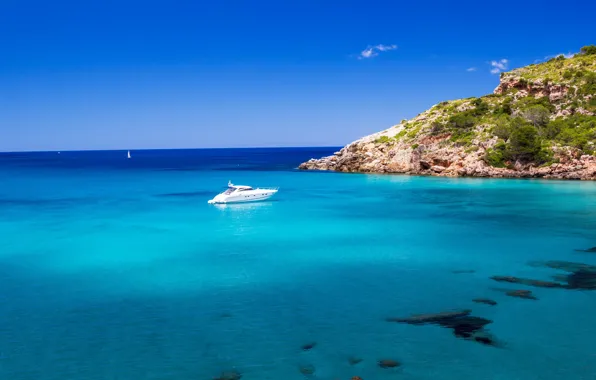 Wallpaper sea, shore, yacht, Balearic islands for mobile and desktop ...