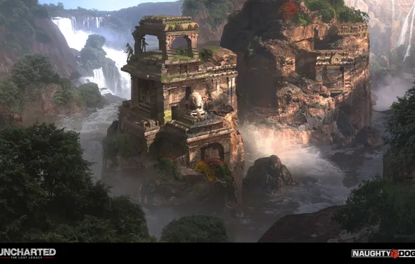Wallpaper mountains, waterfall, temple, Uncharted 4 The Lost Legacy ...