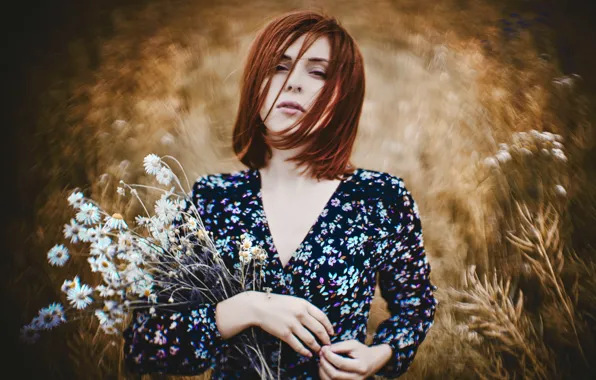 Download Wallpaper Girl Flowers Face Hair Chamomile Blur Ruslan