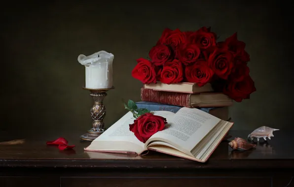 Download wallpaper style, books, roses, candle, red, shell, still life ...