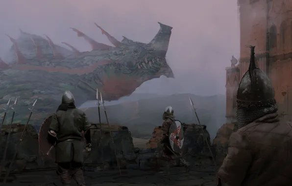 Wallpaper fantasy, Dragon, soldiers, armor, castle, weapons, artwork ...