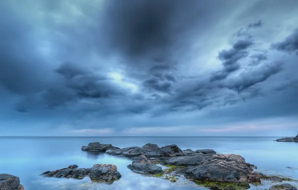 Wallpaper sea, the sky, water, clouds, clouds, nature, stones, overcast ...