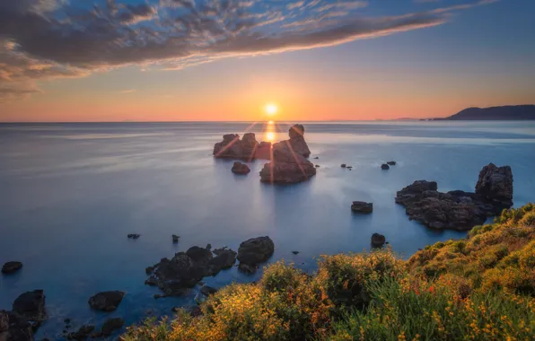 Wallpaper sea, summer, the sky, the sun, clouds, rays, light, sunset ...