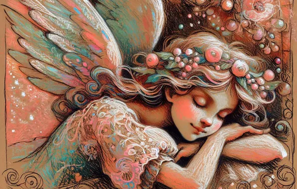 Wallpaper pose, sleep, wings, angel, sleeping, girl, wreath, curls for ...