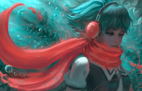 Wallpaper girl, fish, headphones, Fuuka, by Yumenoki, Fuuka Akitsu ...