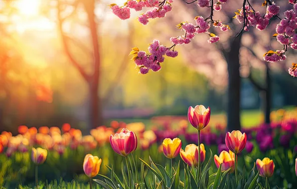 Wallpaper light, trees, flowers, branches, Park, glade, spring, garden ...