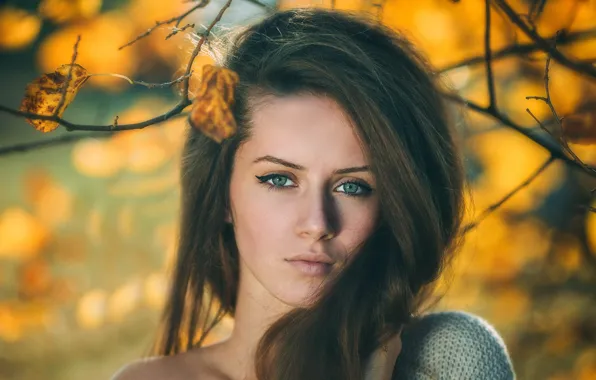 Wallpaper Autumn Look Leaves Girl Branches Face Portrait For
