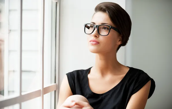 Wallpaper woman, window, glasses, view on the horizon for mobile and ...