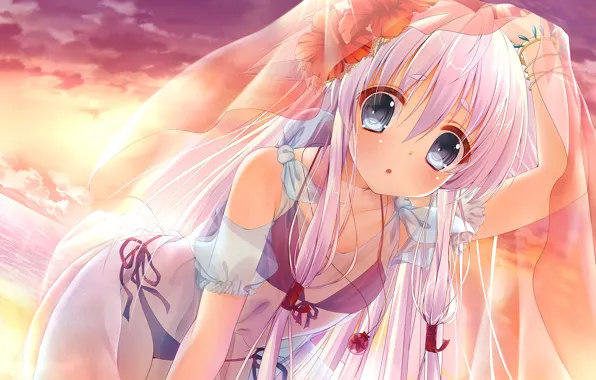 Wallpaper Girl Sexy Cleavage Beach Pink Hair Sky Long Hair Dress