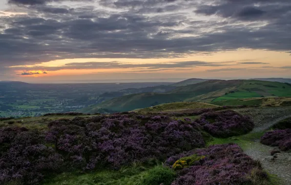 Wallpaper the sky, clouds, sunset, hills, field, panorama, UK, North ...
