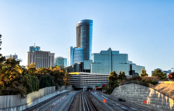Wallpaper road, the sky, trees, city, the city, HDR, skyscrapers, USA ...