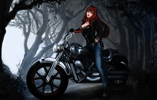 Wallpaper forest, girl, trees, art, motorcycle, vampire, red, bike ...