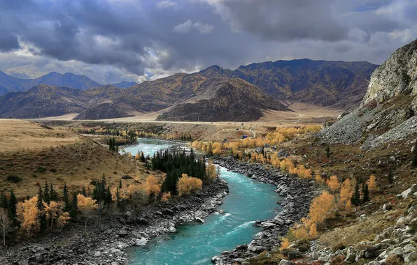 Wallpaper autumn, clouds, trees, mountains, river, horizon, Andrey ...