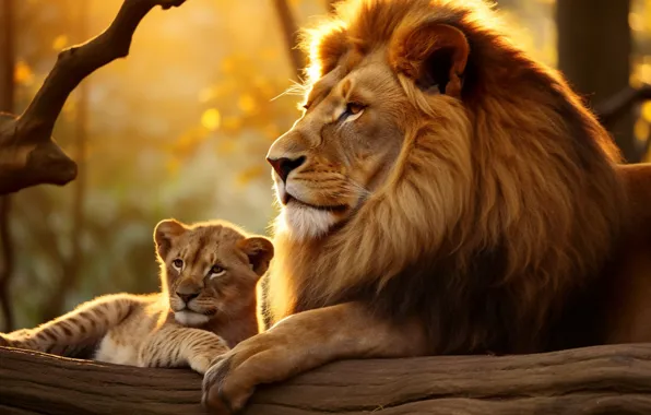 Download wallpaper Leo, father, lion, son, lie, AI art, neural network ...