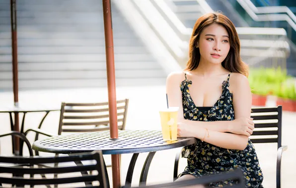 Wallpaper girl, cocktail, cafe, Asian, table, bokeh for mobile and desktop, section девушки ...