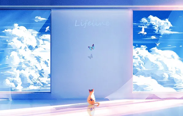Wallpaper the sky, clouds, birds, kitty, butterfly, Lifeline for mobile ...